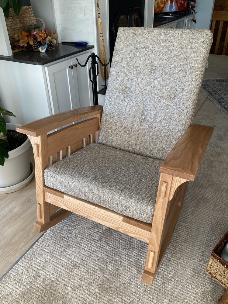 Handcrafted Amish Mission Rocker – Custom Upholstered, Mortise