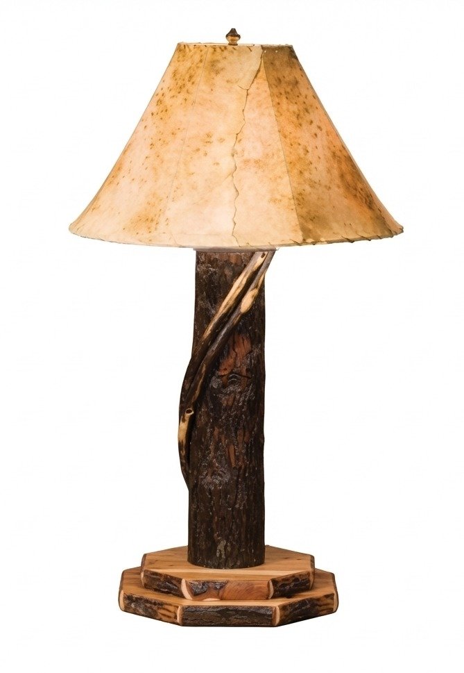 Rustic Hickory Log Lamp | Amish Handcrafted | Lambskin Shade