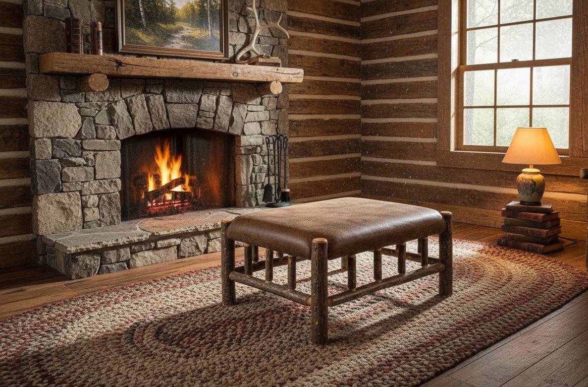 Cabin Rustic Hickory Ottoman Upholstered | Amish Handcrafted