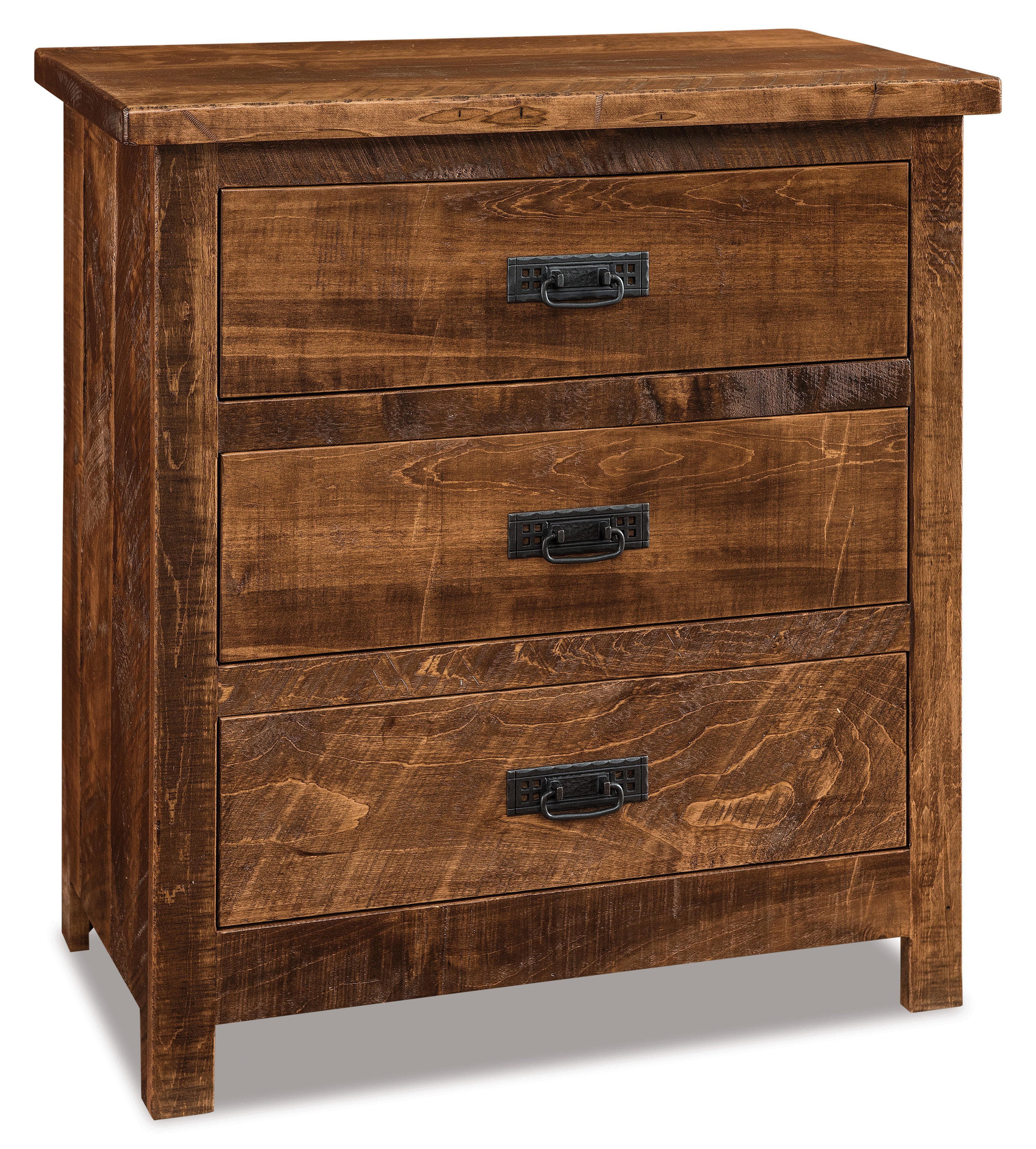 Amish Custom Levi Rustic Rough Sawn Wood 3 Drawer Nightstand