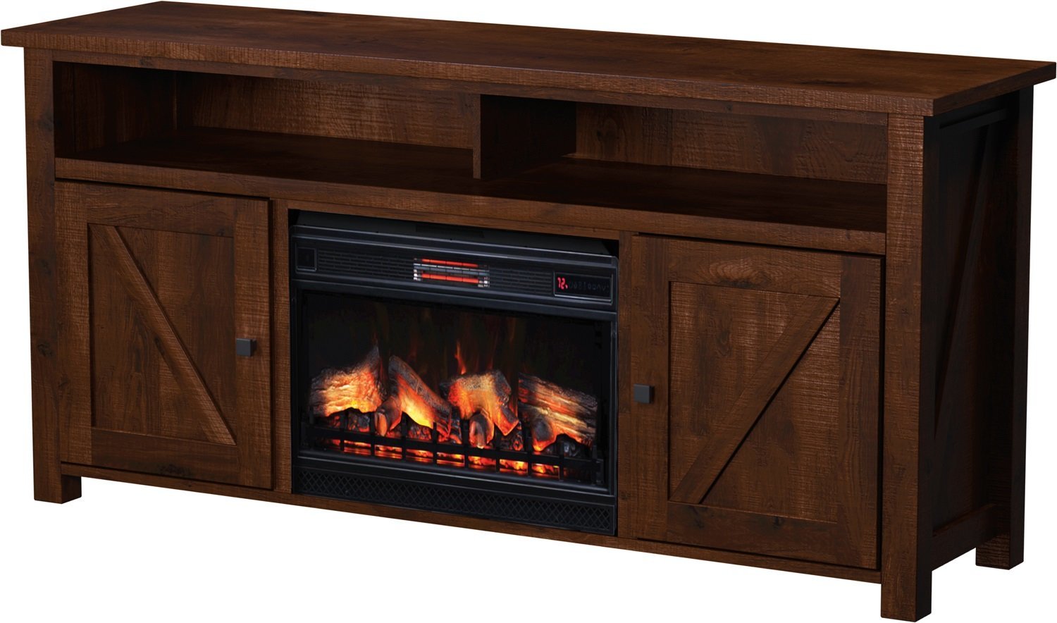 Rustic Media Console w/ Barn Doors & Fireplace | DutchCrafters