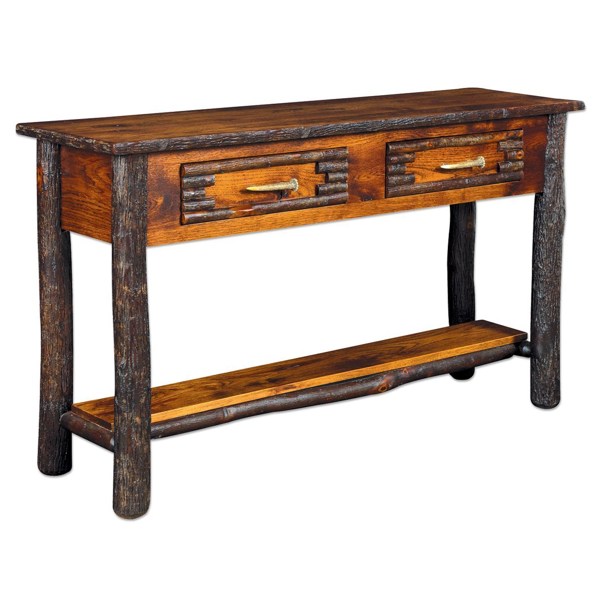 Hickory Sofa Table with Live-Edge & Antler Pulls | DutchCrafters