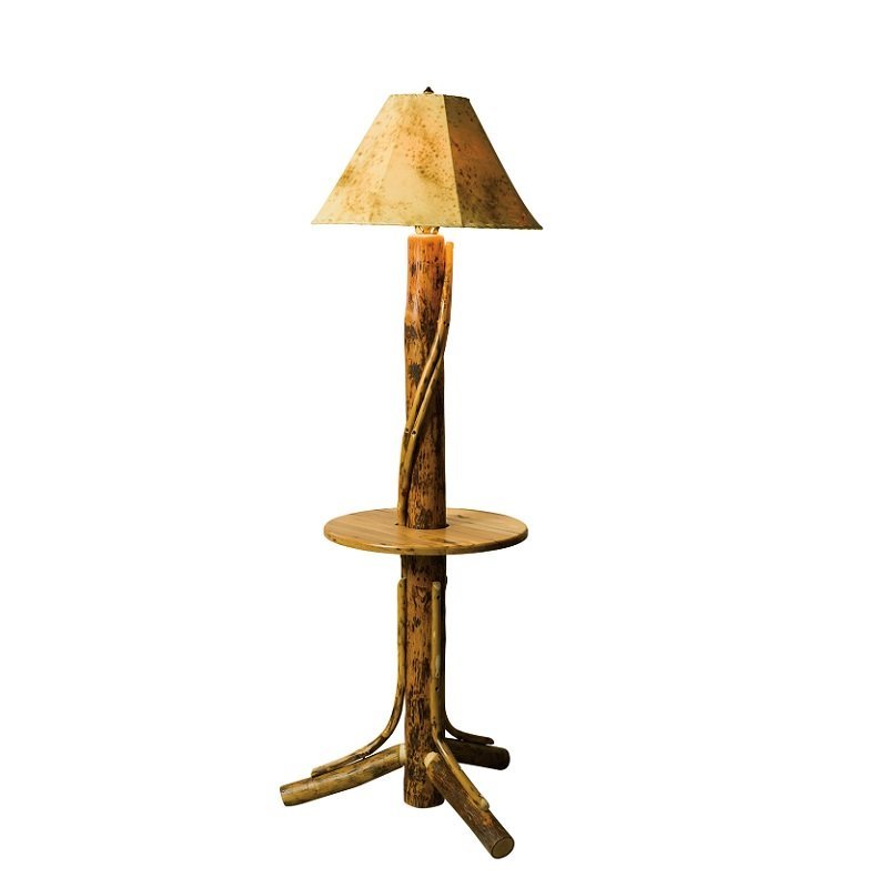 Hickory Floor Lamp with Shelf & Lambskin Shade | DutchCrafters