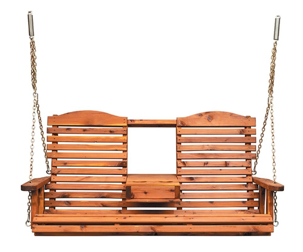 Amish Cedar Wood Slat Back Porch Swing with Fold-Down Center Console